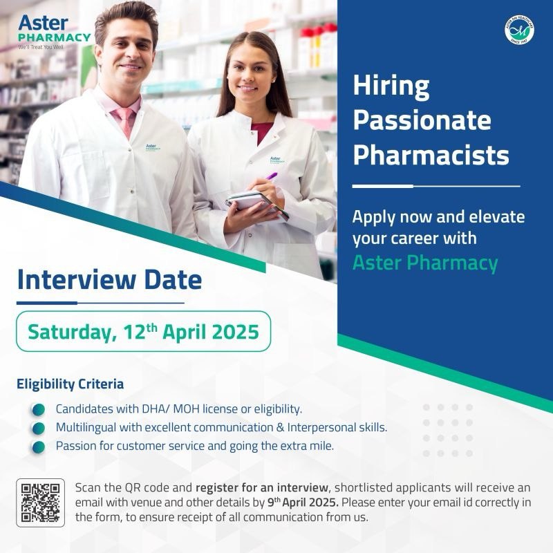 Aster Pharmacy Careers 2025 Walk in Interview in Dubai 2025: Dates ...